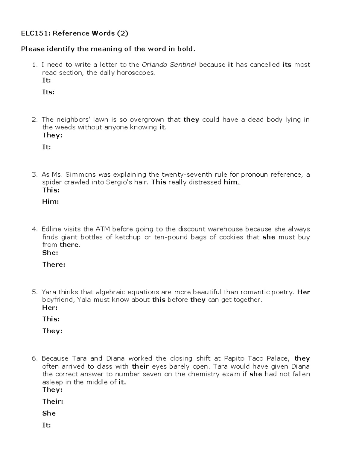 Reference Words Practice for Reading 3 - ELC151: Reference Words (2 ...