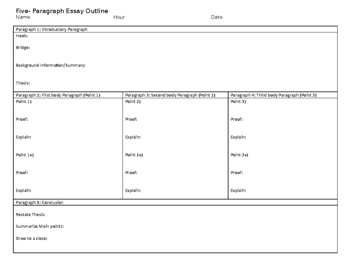 5 paragraph Essay outline - Paragraph 1: Introductory ParagraphHook ...
