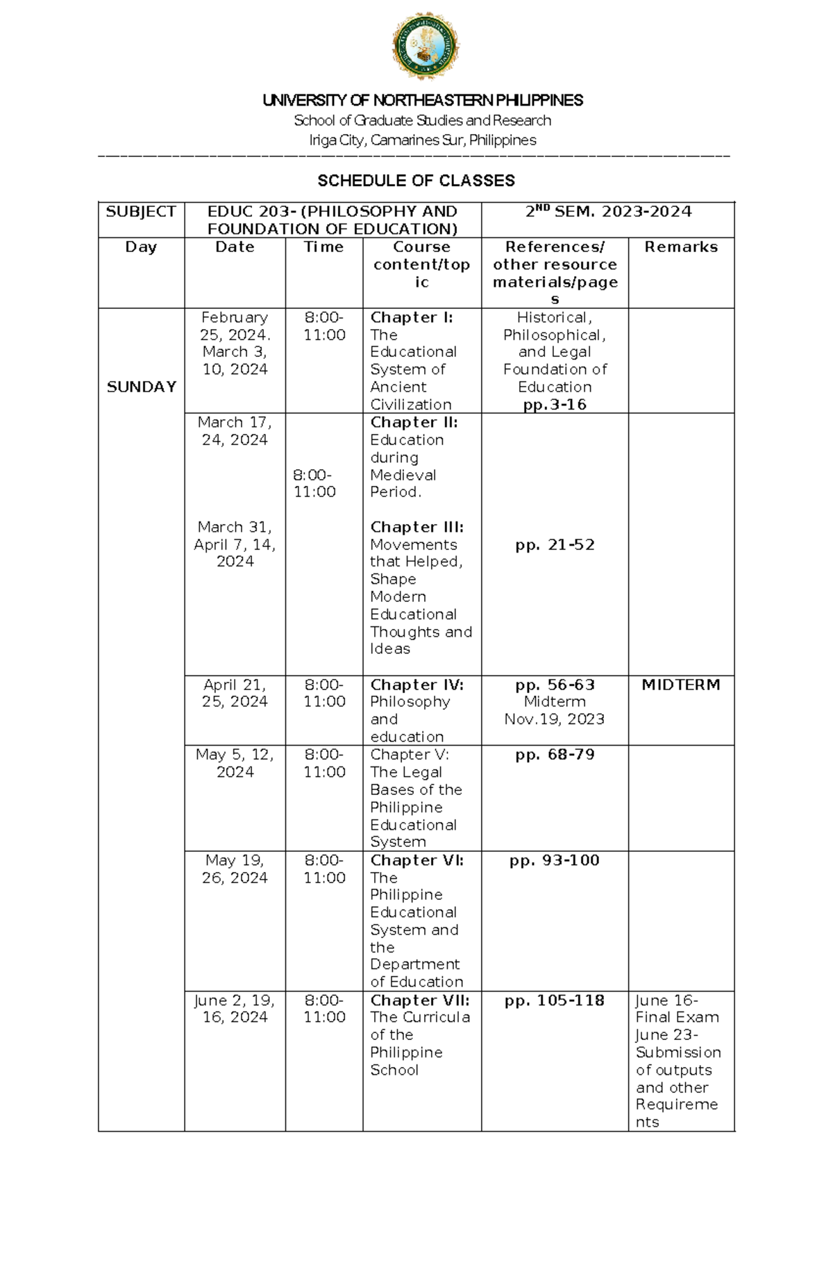EDUC-201 Schedule-OF- Classes - UNIVERSITY OF NORTHEASTERN PHILIPPINES ...