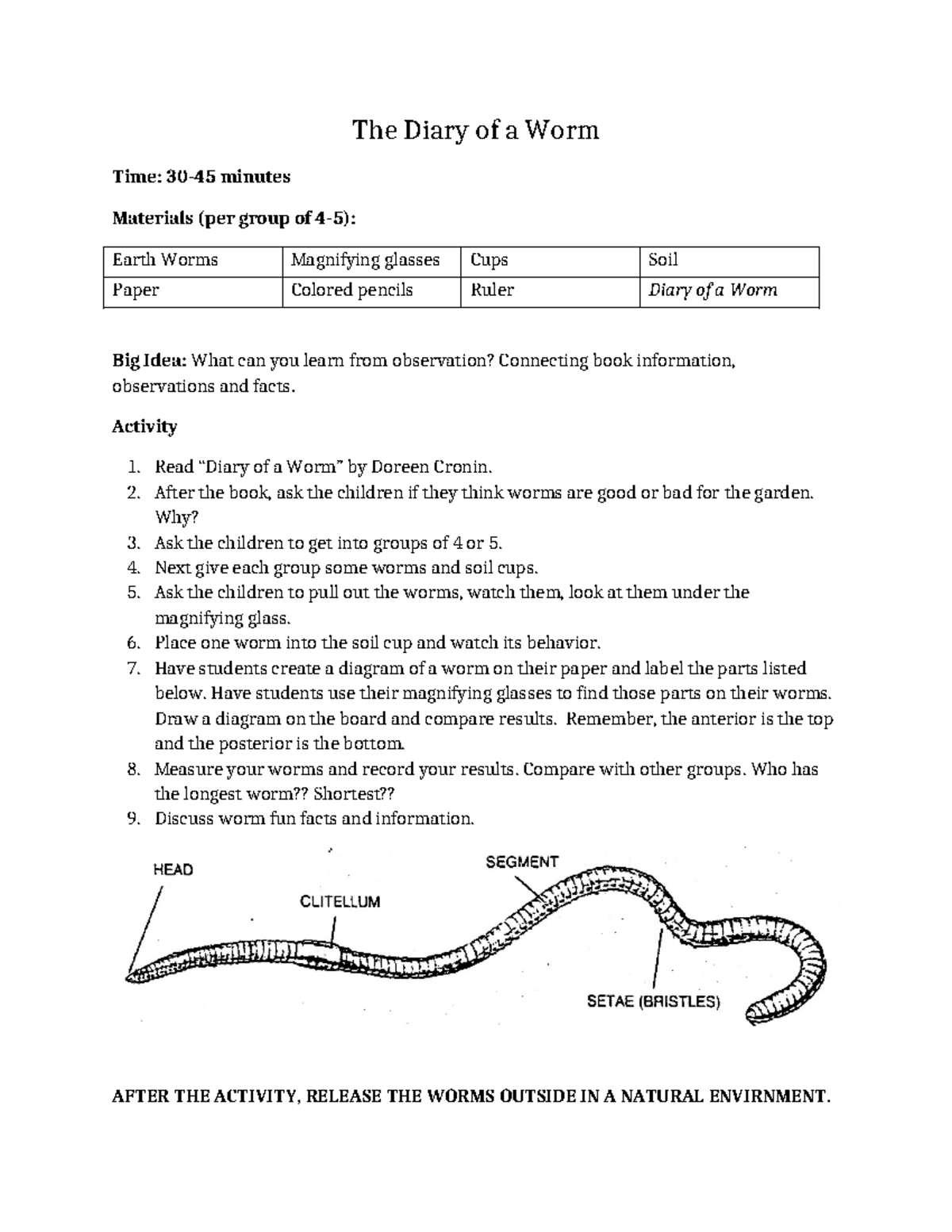 The-Diary-of-a-Worm - Book Report - The Diary of a Worm Time: 30-45 ...