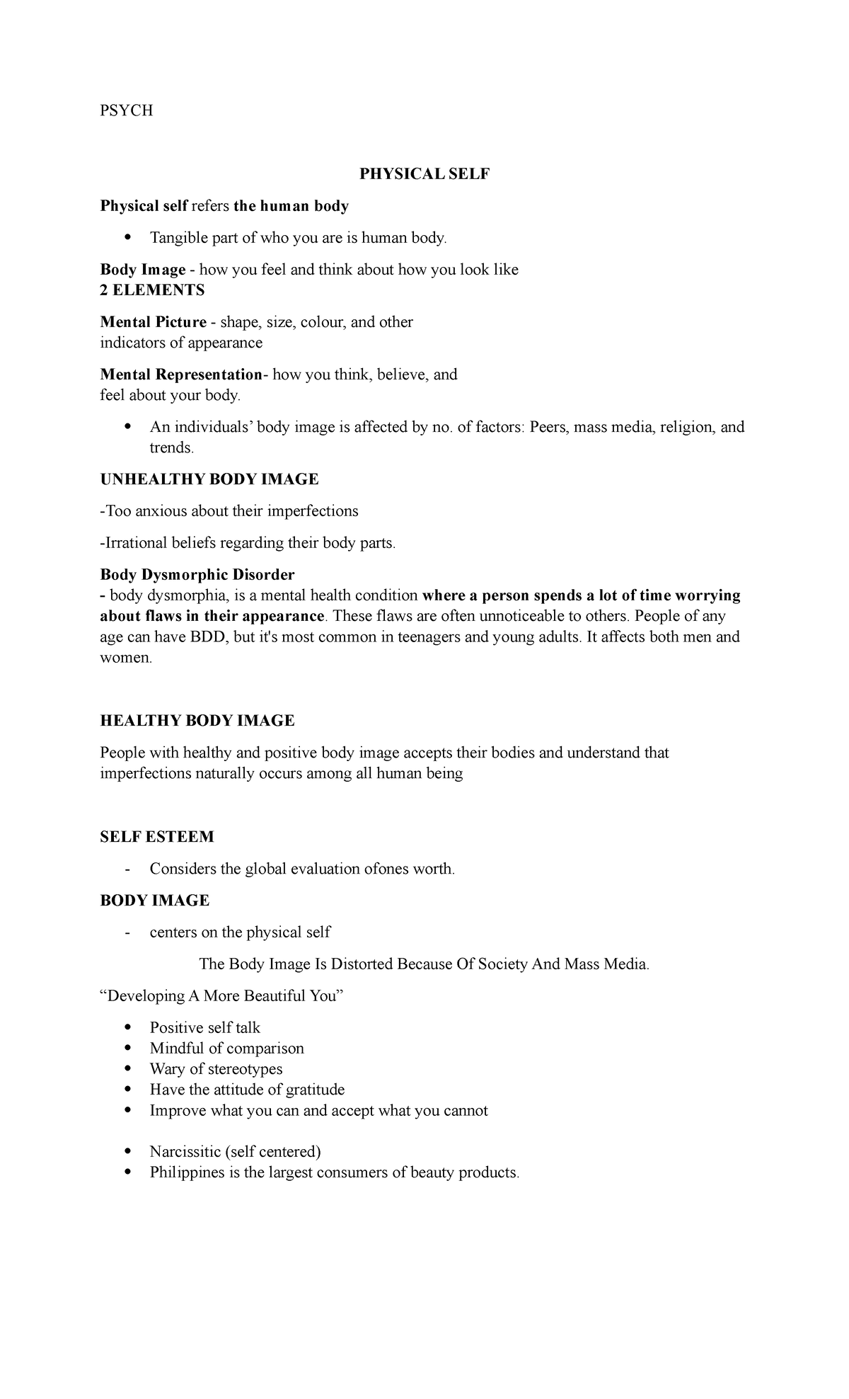 Psych - review material - PSYCH PHYSICAL SELF Physical self refers the ...