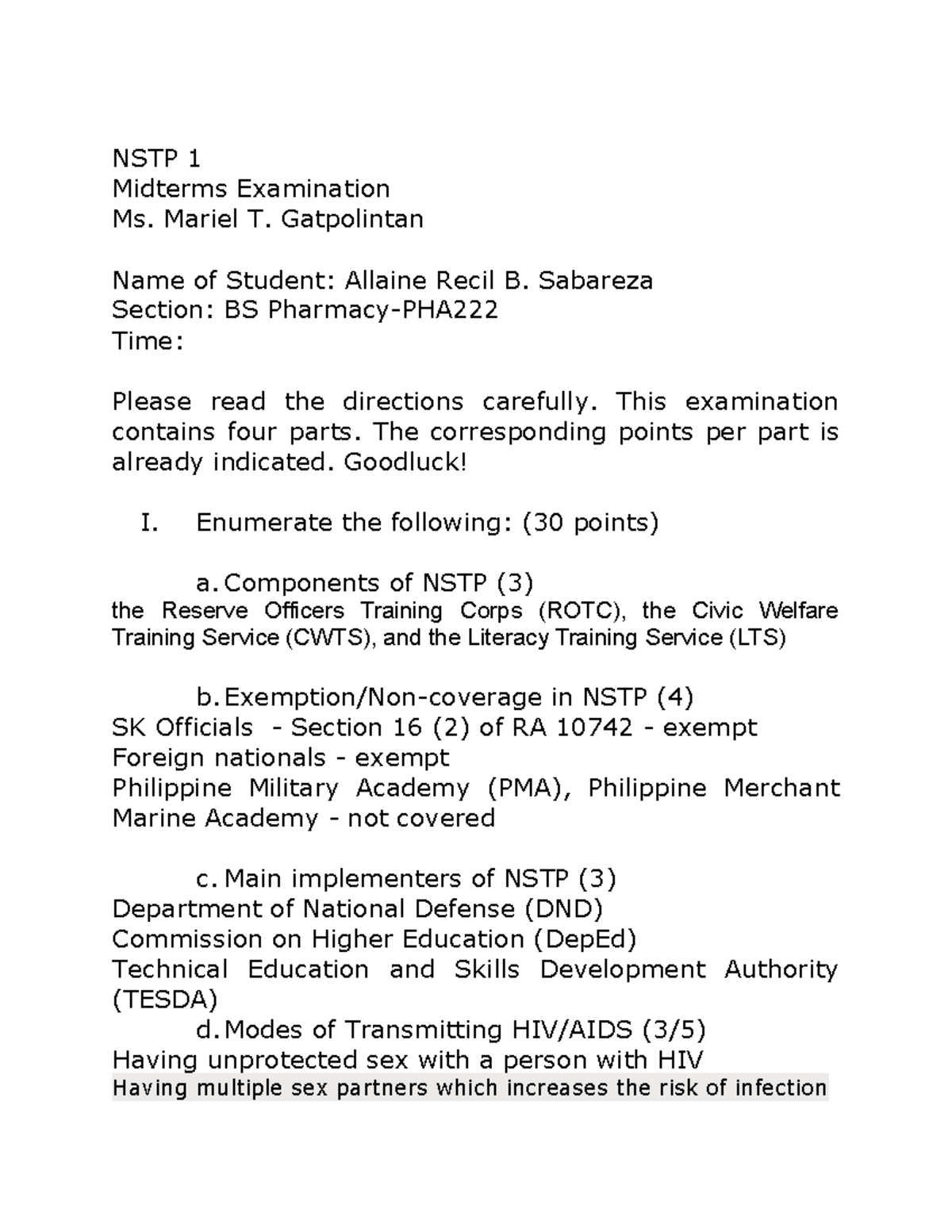 NSTP - Midterms Sabareza - NSTP 1 Midterms Examination Ms. Mariel T ...