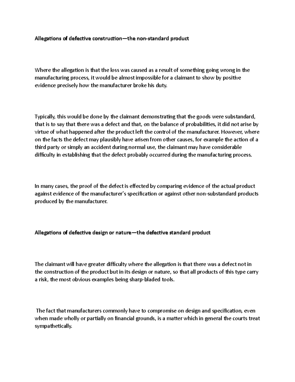 Allegations of defective construction—the non-standard product ...