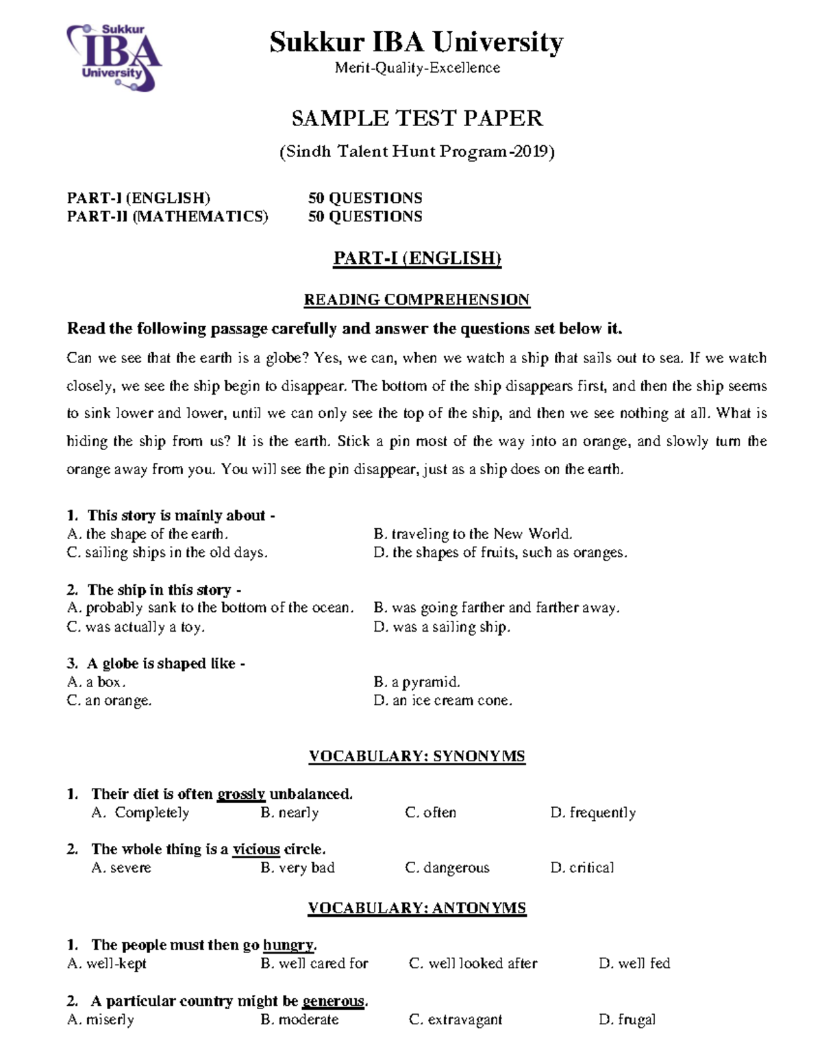 Sample Paper STHP-2019-Nov-12-2018 - Sukkur IBA University Merit ...