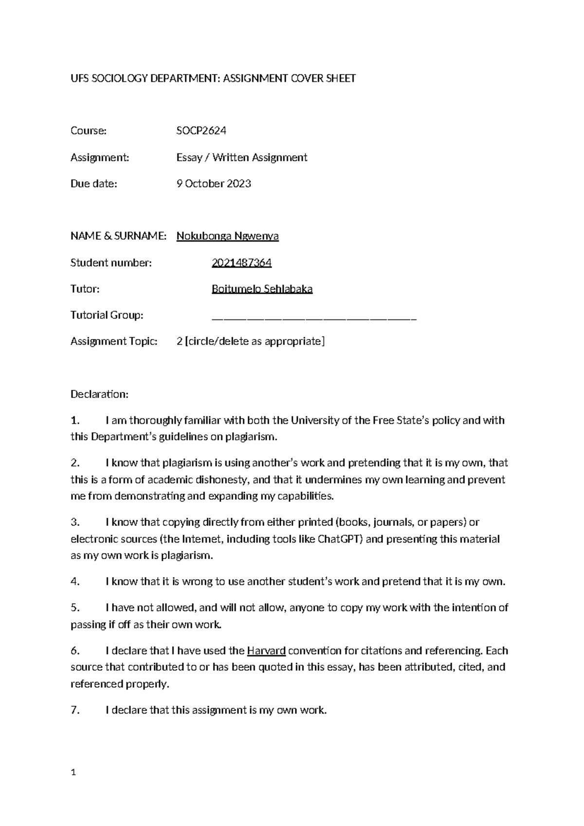 Sociology Assignment - UFS SOCIOLOGY DEPARTMENT: ASSIGNMENT COVER SHEET ...