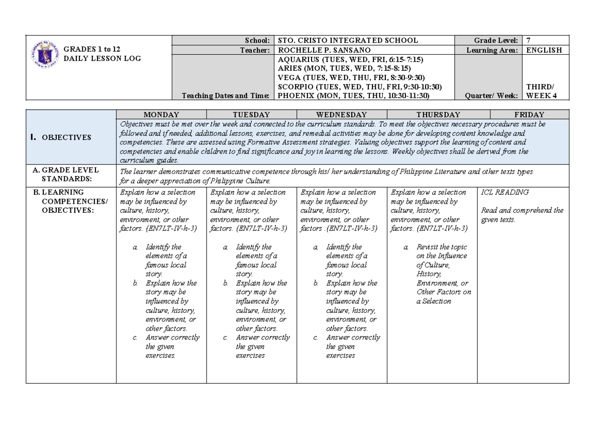 Quarter 3 WEEK 4 - GRADES 1 to 12 DAILY LESSON LOG School: STO. CRISTO ...