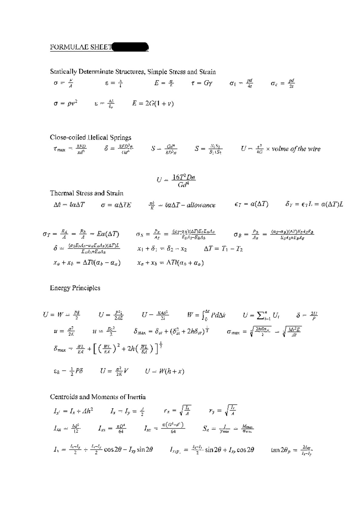 Formula Sheet - Good - BPME18 - FORMULAE SHEET Statically Determinate Structures, Simple Stress ...