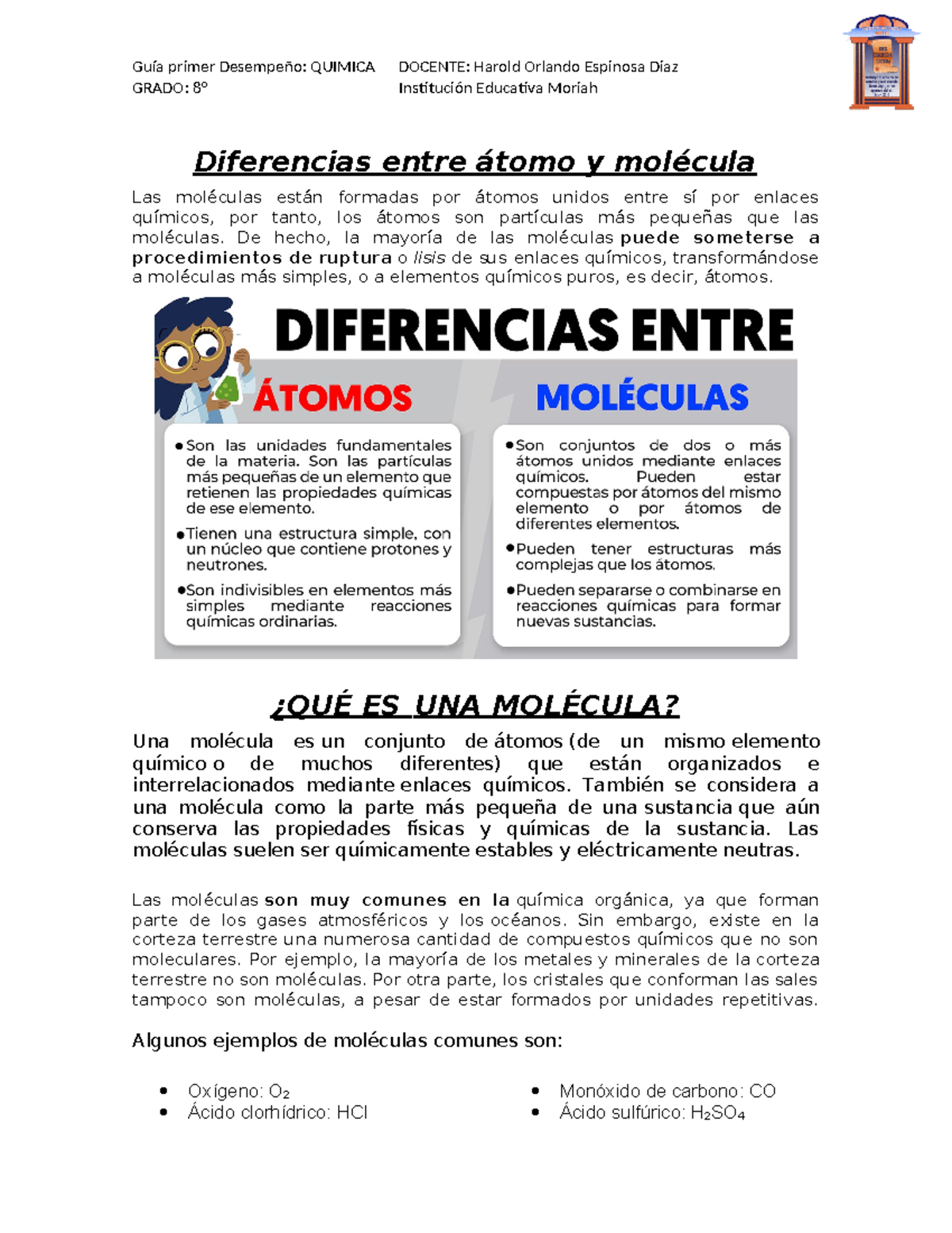 Taller Moleculas 8° - Guía primer Desempeño: QUIMICA DOCENTE: Harold ...