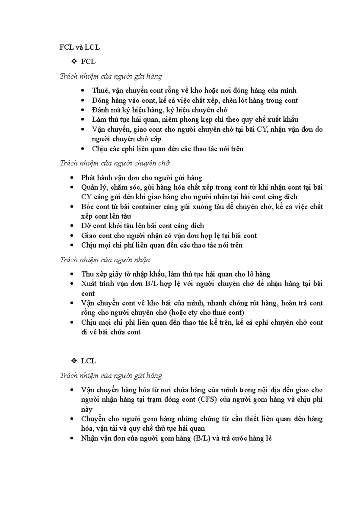 FCL và LCL - ôn tập - FCL và LCL FCL Trách nhiệm của người gửi hàng ...