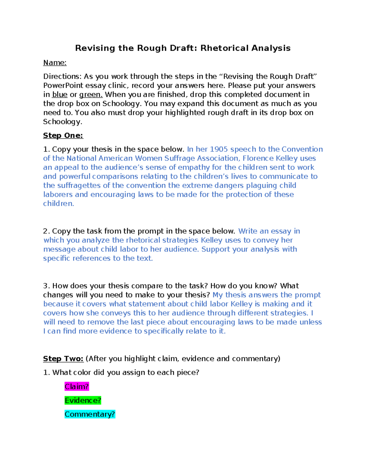 Revising the Rough Draft - Please put your answers in blue or green ...