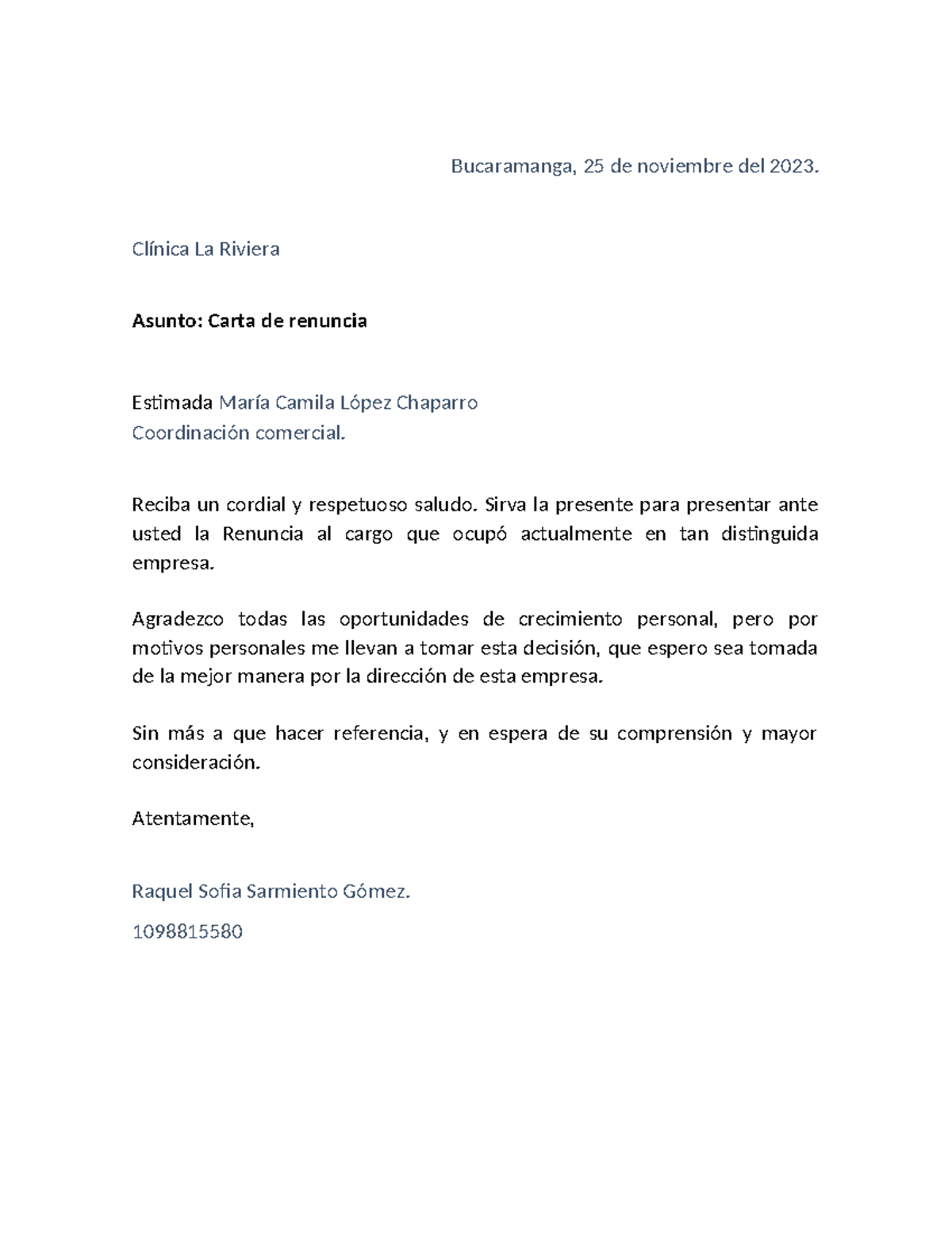 Carta - Bucaramanga, 25 de noviembre del 2023. Clínica La Riviera ...