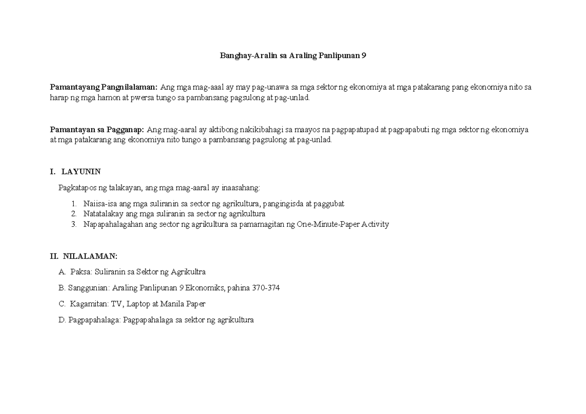 Lesson plan ap9 - Banghay-Aralin sa Araling Panlipunan 9 Pamantayang Pangnilalaman: Ang mga mag ...