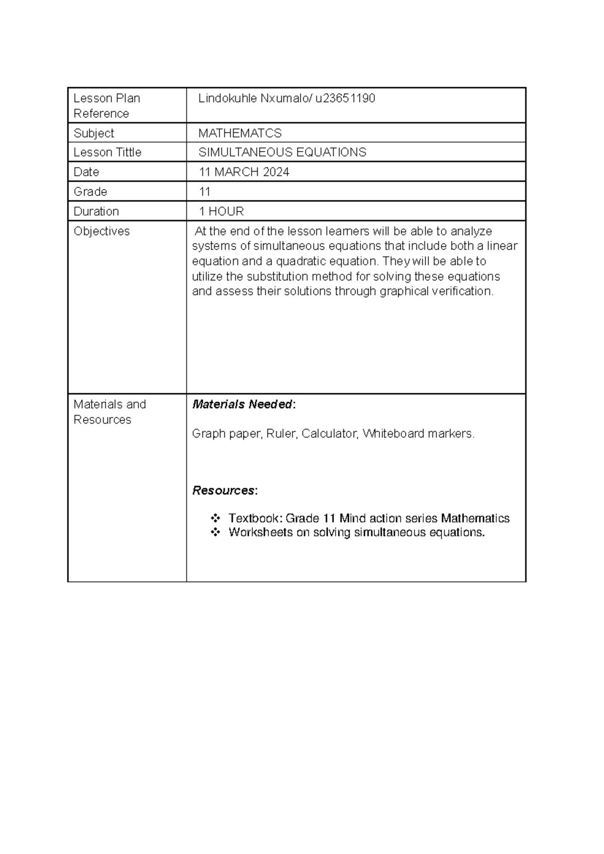 Lesson plan u23651190 - Lesson Plan Reference Lindokuhle Nxumalo/ u ...