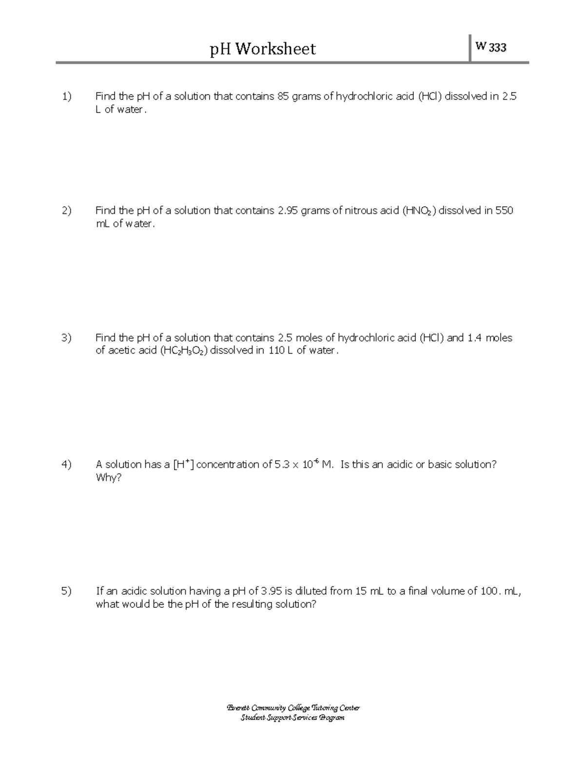 W333 ph worksheet 1 - pH 1 - pH Worksheet W 333 Everett Community ...