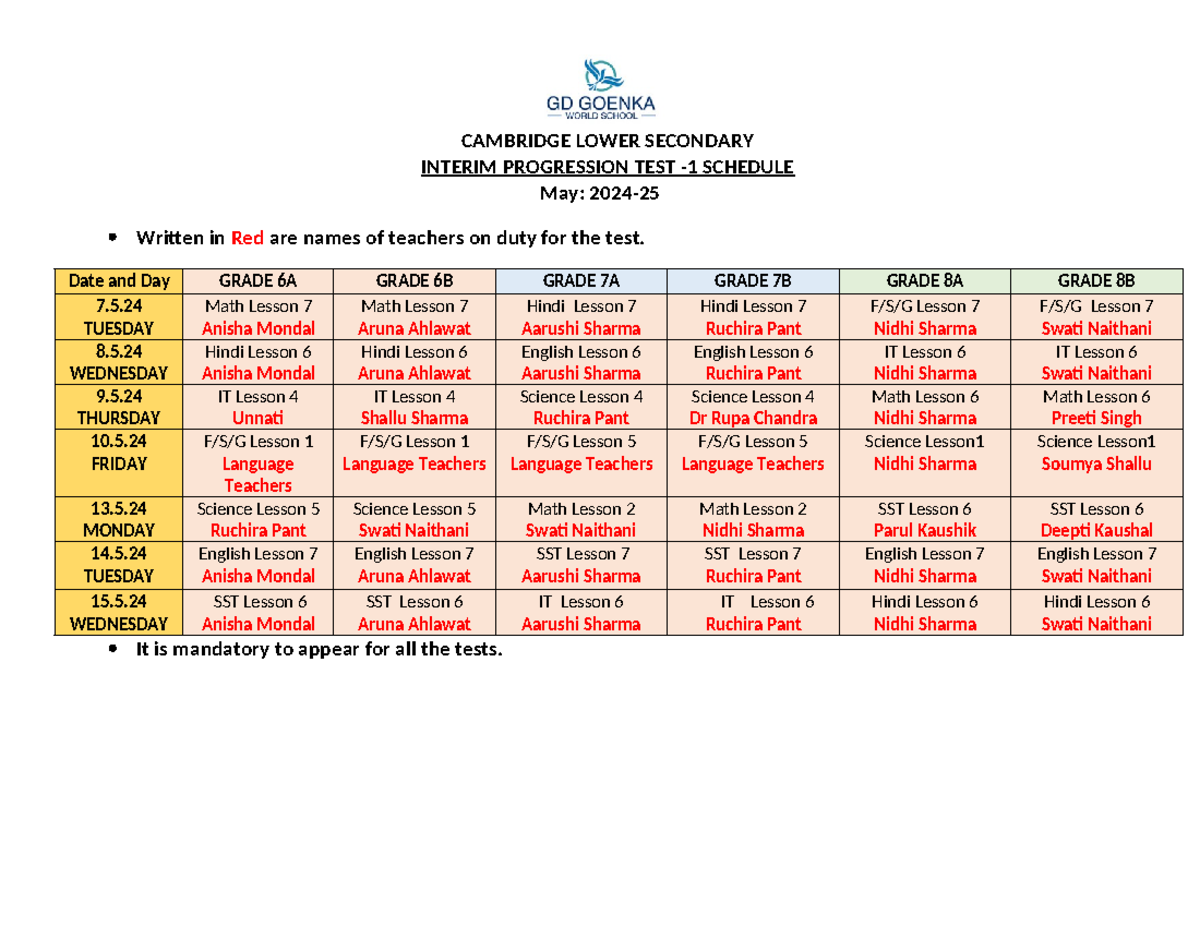 IPT-1 Schedule - May -2024 - CAMBRIDGE LOWER SECONDARY INTERIM ...