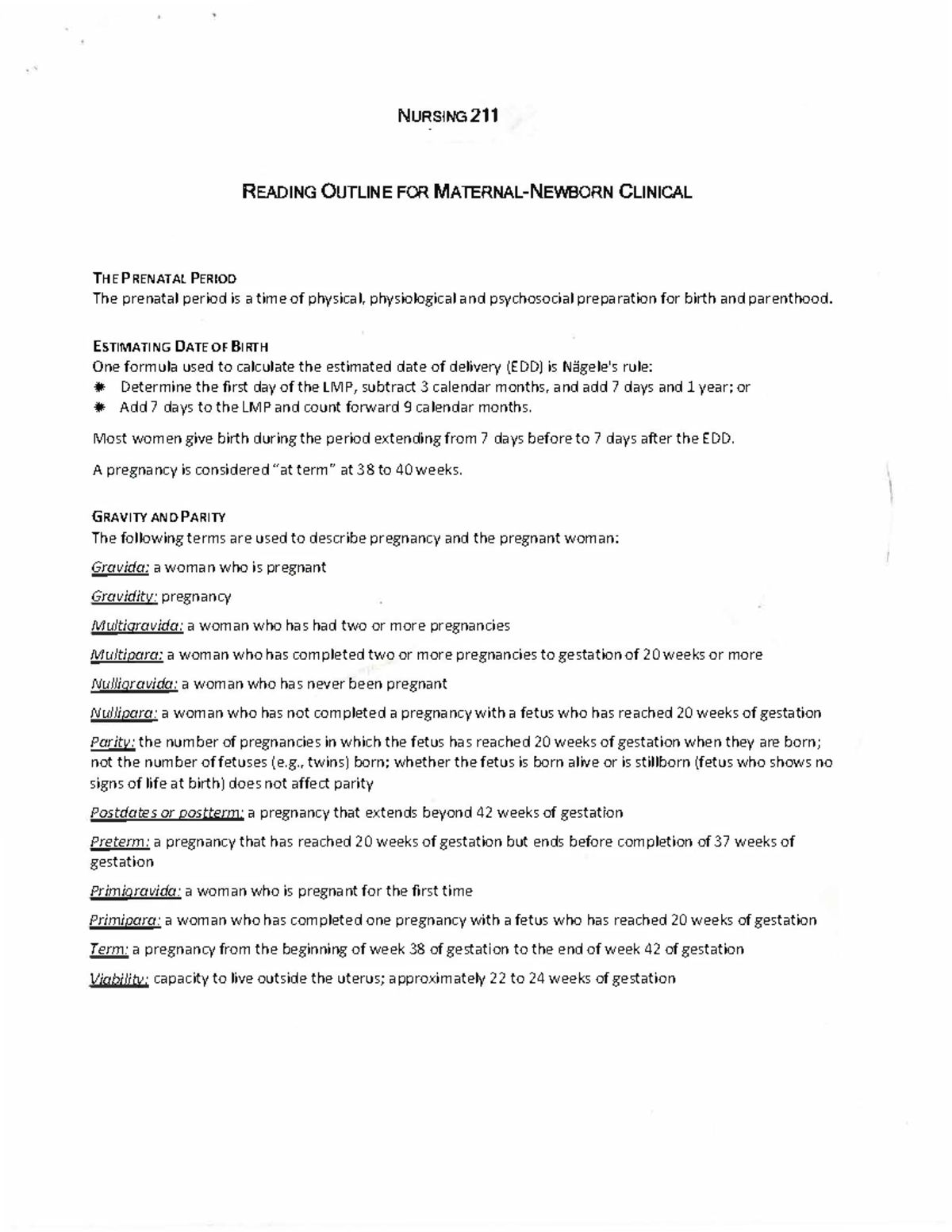 OB Lecture Notes - OB maternity - NU SING 211 READING OUTLINE FOR ...