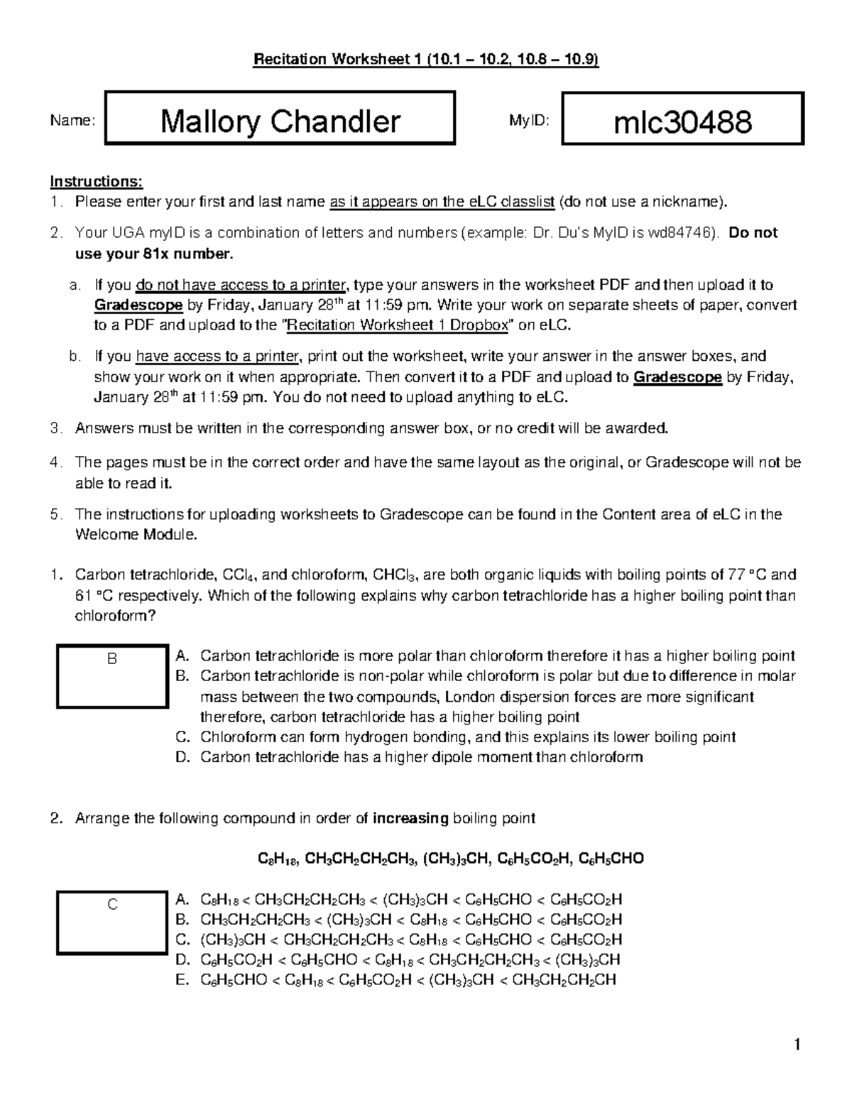 Chem 2 Recitation Worksheet 1 - Recitation Worksheet 1 (10 – 10, 10 ...