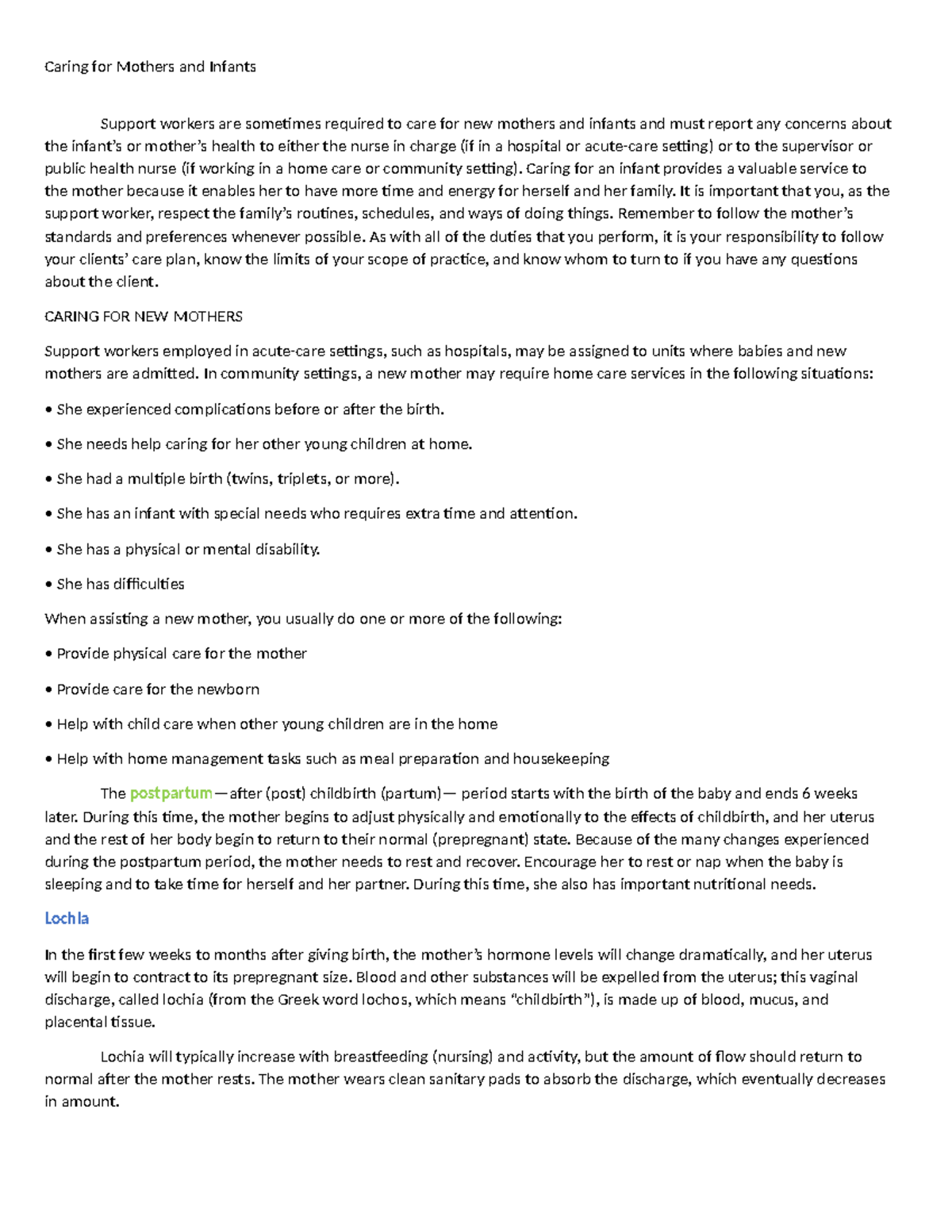Caring for Mothers and Infants LEC - Support workers are sometimes ...