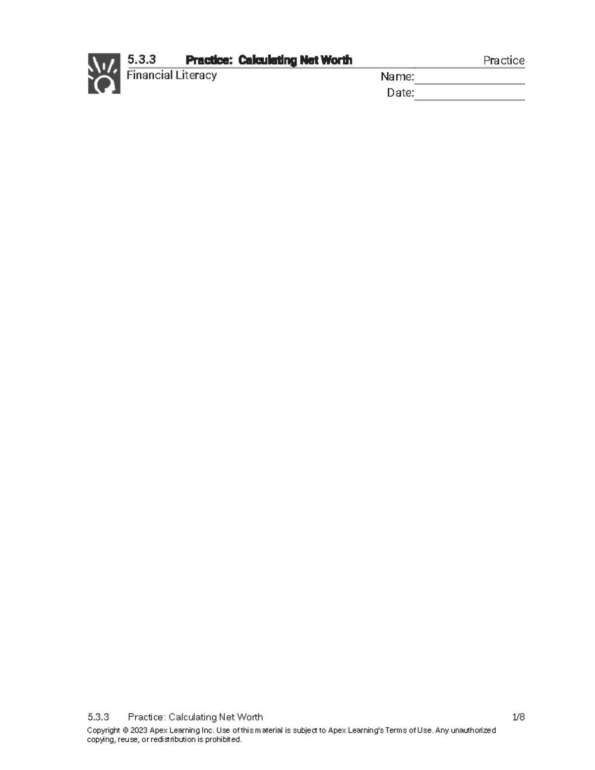 Calculating Net Worth - This is the answers for this whole assignment ...