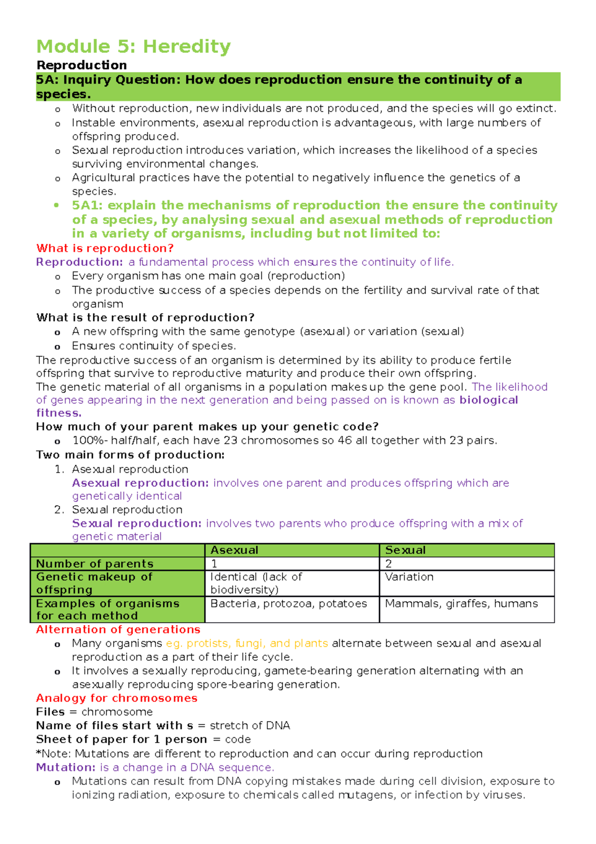 Module 5 Notes - Module 5: Heredity Reproduction 5A: Inquiry Question ...