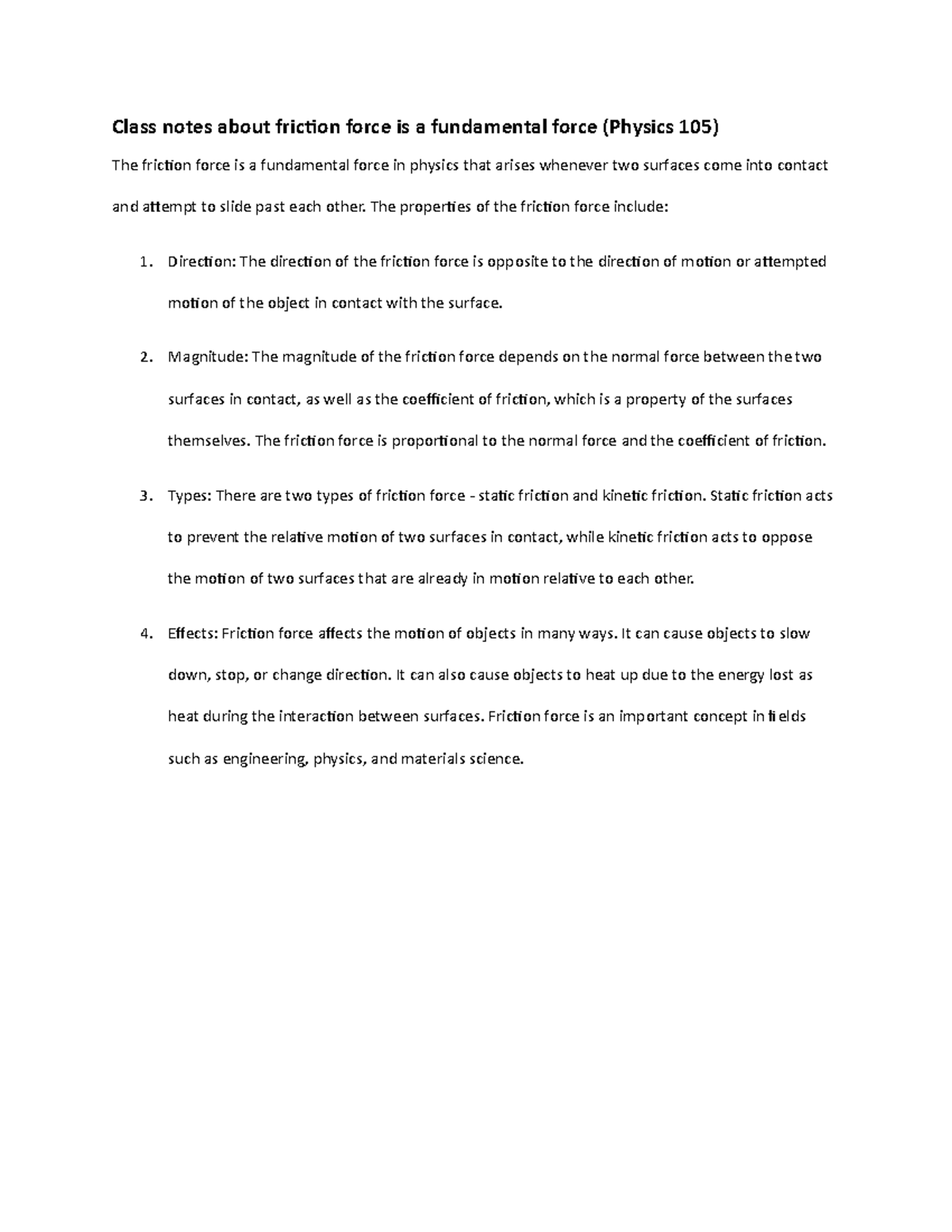 Class notes about friction force is a fundamental force - The ...