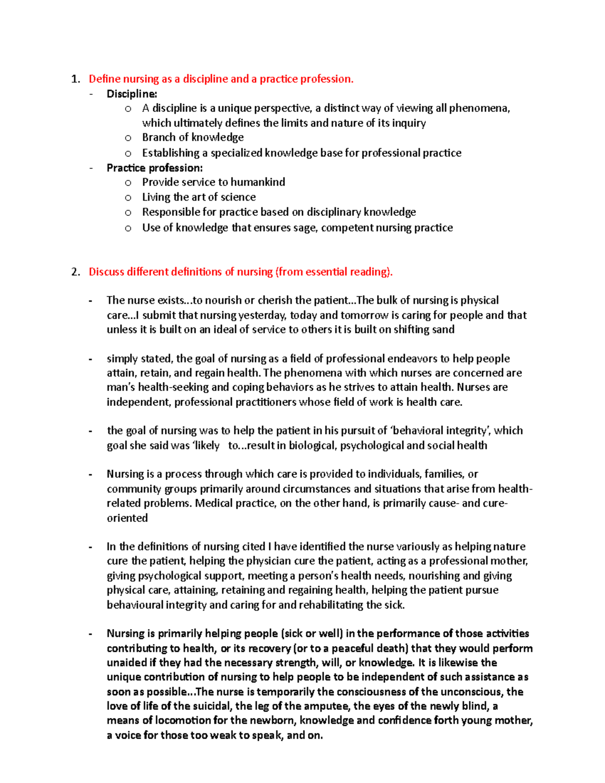 NURS 170 Class 2 Review - Lecture notes 2 - 1. Define nursing as a ...