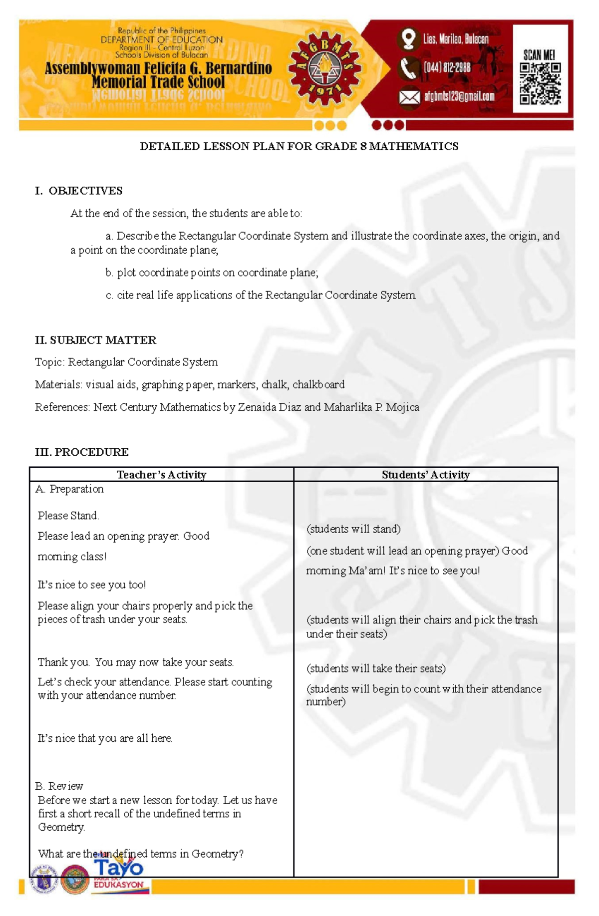 COT1 DLP Castelo - cot - DETAILED LESSON PLAN FOR GRADE 8 MATHEMATICS I ...