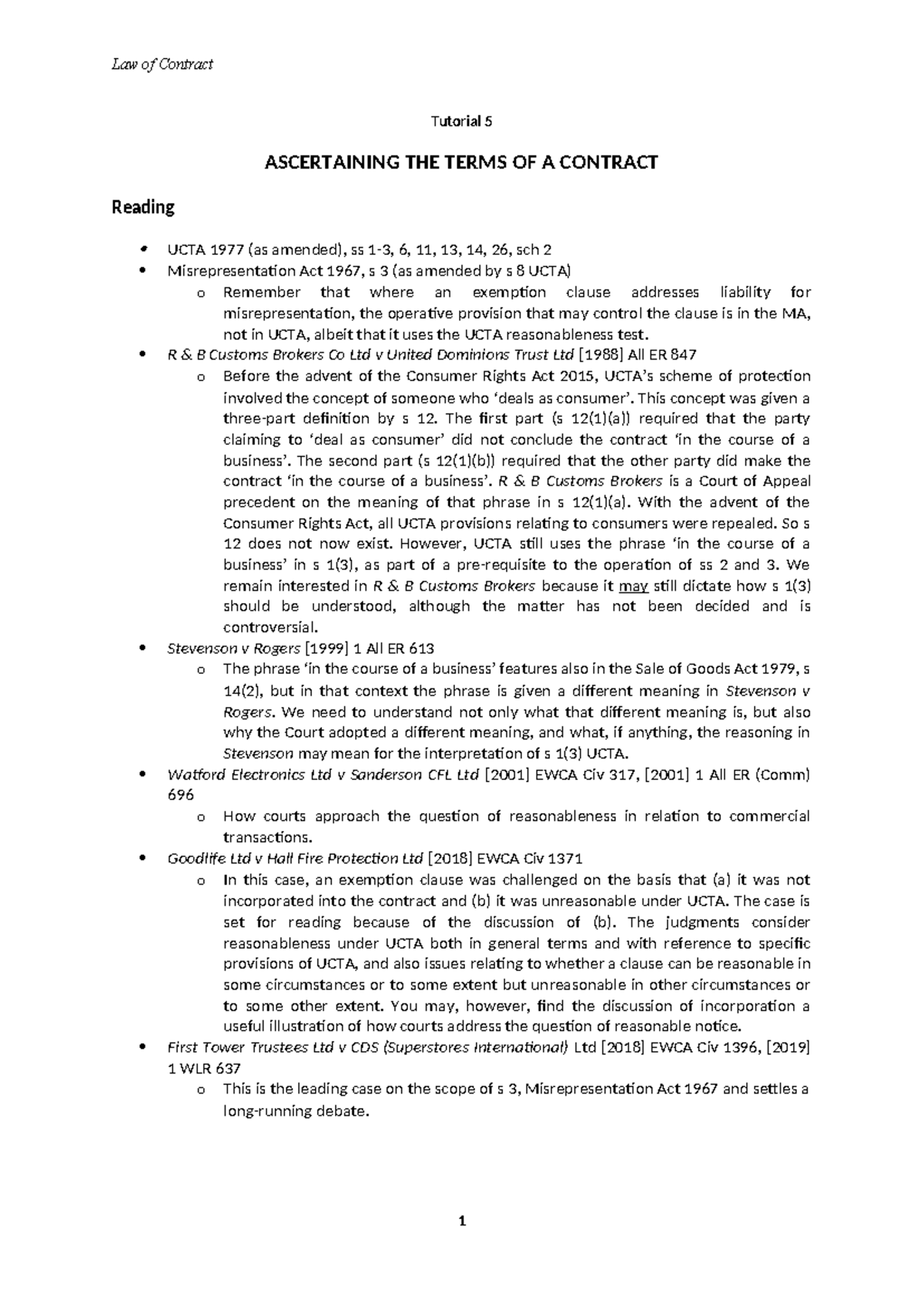 Contract tutorial 5 - Tutorial 5 ASCERTAINING THE TERMS OF A CONTRACT ...