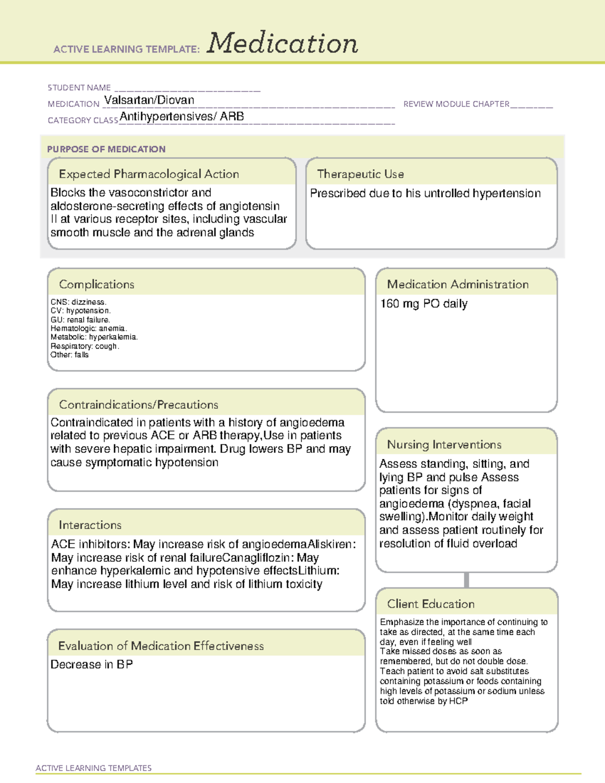 Valsartan med template - ACTIVE LEARNING TEMPLATES Medication STUDENT ...