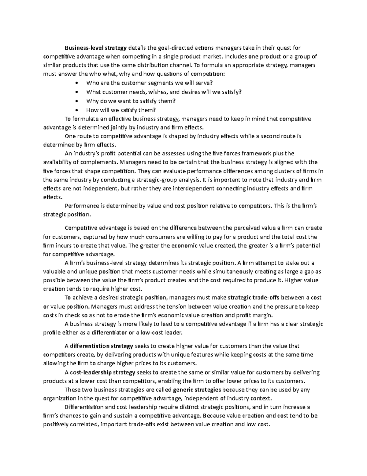 Chapter 6 Strategic Management 495 Business Level Strategy Details