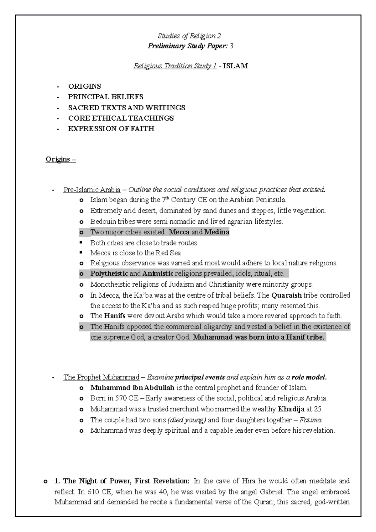 Islam Notes - summary - Studies of Religion 2 Preliminary Study Paper ...