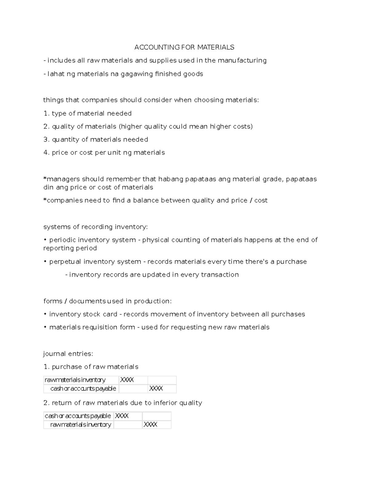 4 Accounting FOR Materials - ACCOUNTING FOR MATERIALS includes all raw materials and supplies ...
