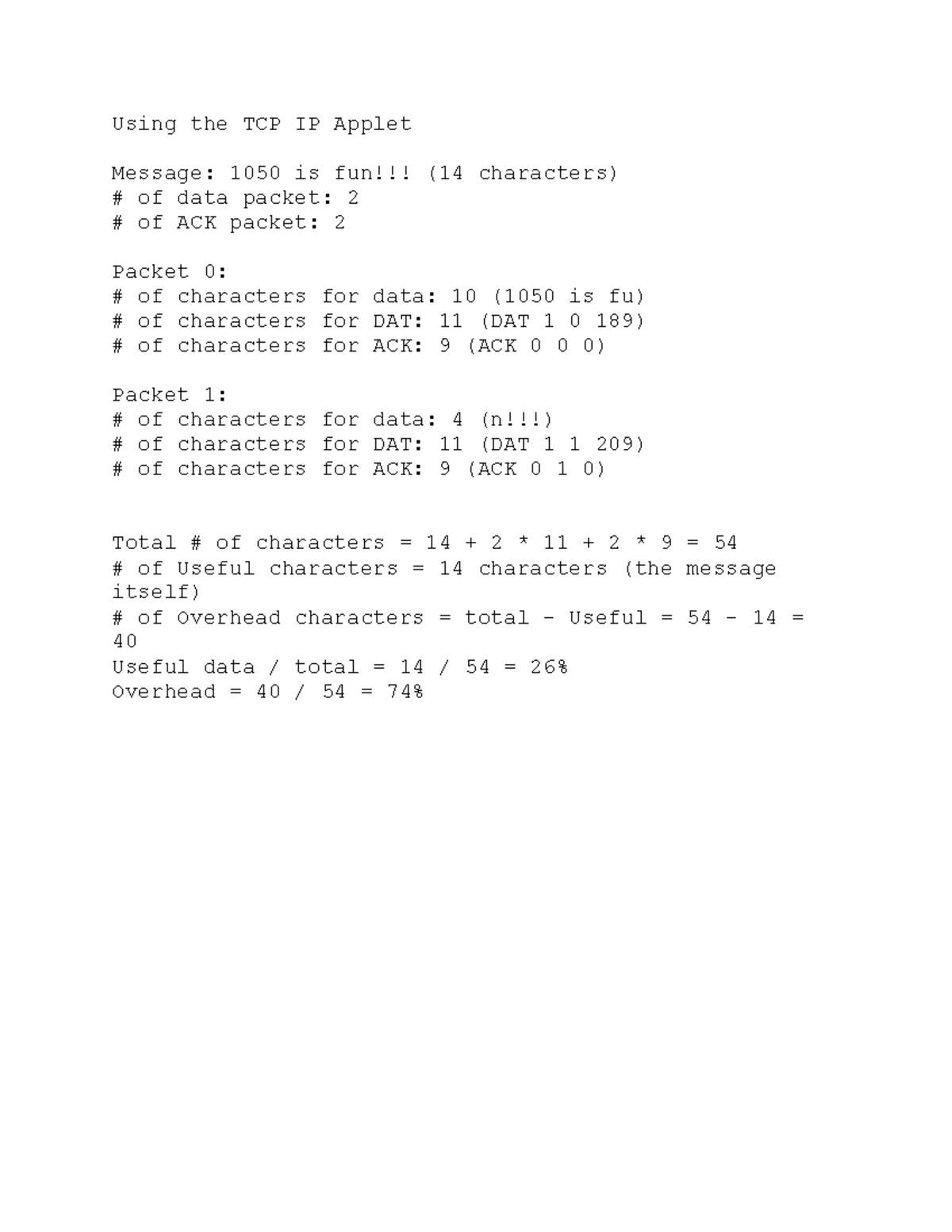 Calculate Overhead - Hshsvs - Using the TCP IP Applet Message: 1050 is ...