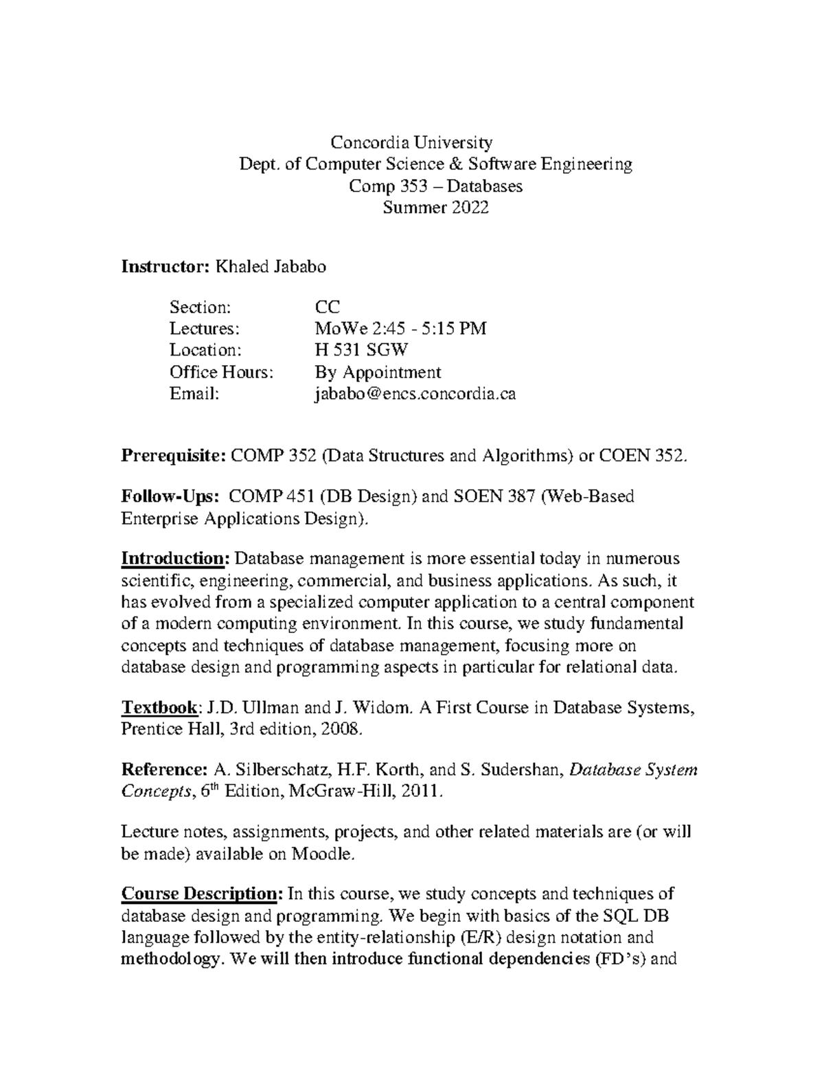 Comp353 Course Outline Sum 2022-CC - Concordia University Dept. of ...