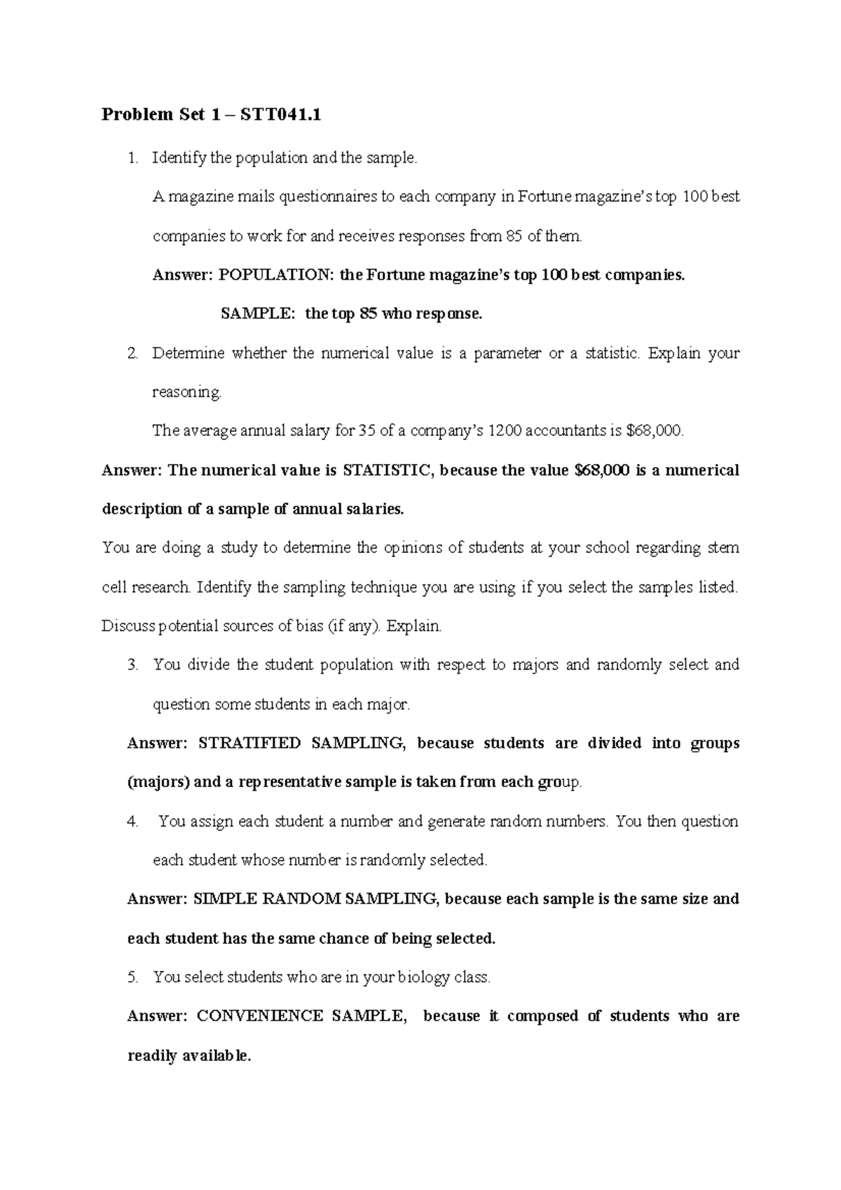 Statistical Analysis - Problem Set 1 – STT041. Identify the population ...