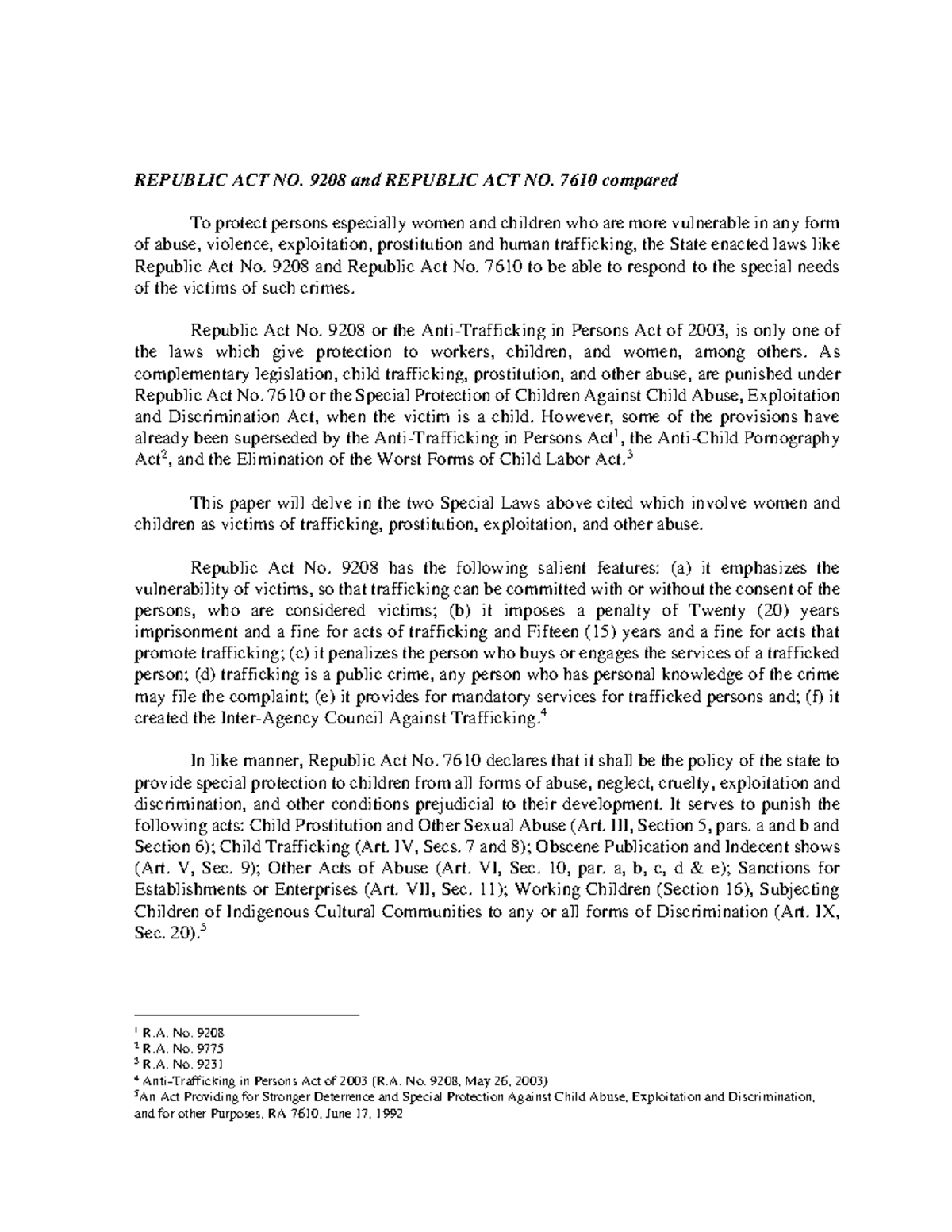 Comparative Analysis Group Activity - REPUBLIC ACT NO. 9208 and ...