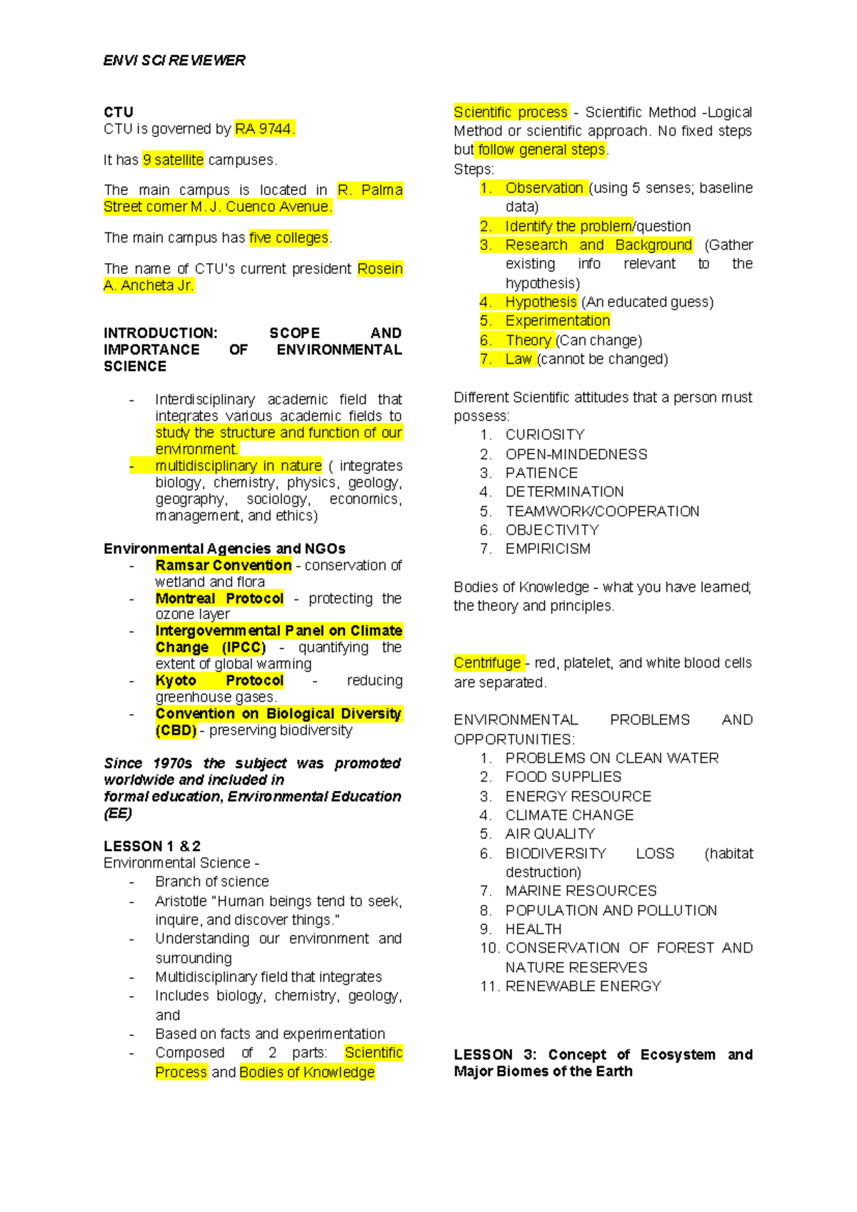 ENVI SCI Reviewer - CTU CTU is governed by RA 9744. It has 9 satellite ...