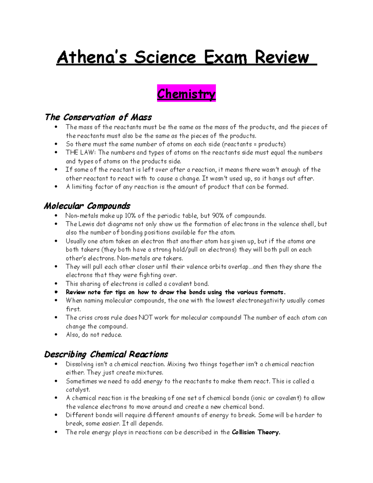 Science Final Note Review - Athena’s Science Exam Review Chemistry The ...