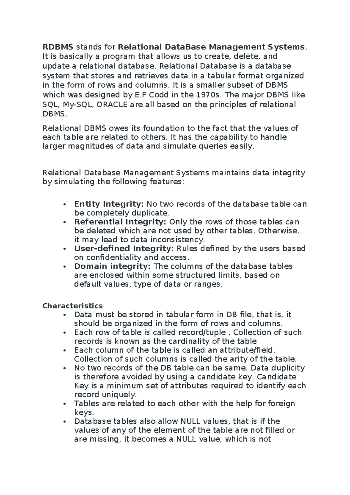 DBMS - RDBMS stands for Relational DataBase Management Systems. It is ...
