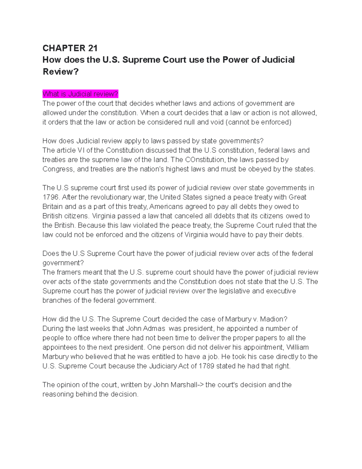 Chapter 21 - How does the U.S. Supreme Court use the Power of Judicial ...