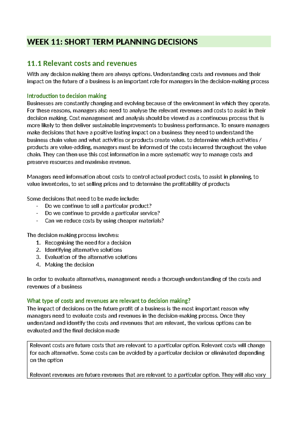 WEEK 11 - week 11 module notes - WEEK 11: SHORT TERM PLANNING DECISIONS ...