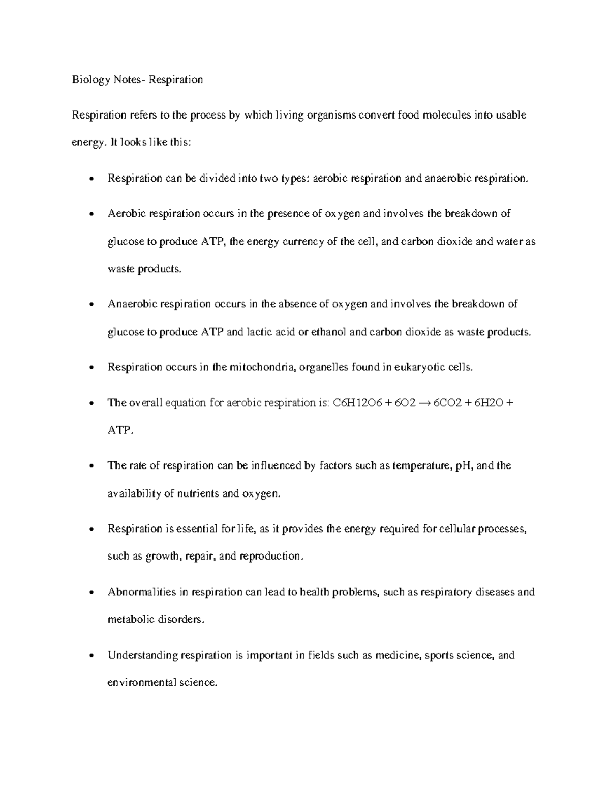 Respiration Notes - Biology Notes- Respiration Respiration refers to ...