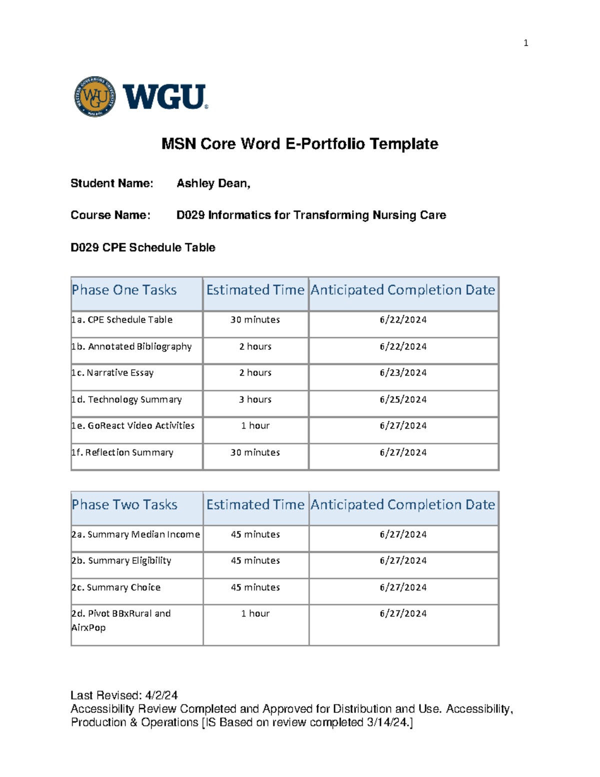 D029 e Portfolio - Last Revised: 4/2/ Accessibility Review Completed ...