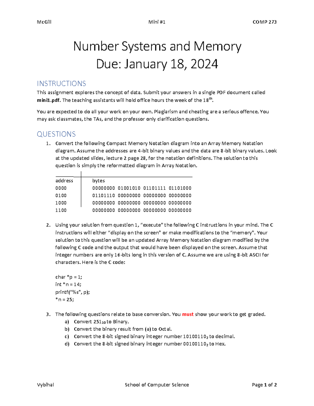 COMP 273 Ass1 W2024 - logica computa - McGill Mini #1 COMP 273 Vybihal School of Computer ...