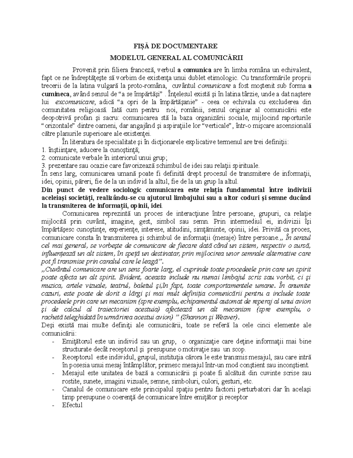 FIȘĂ DE Documentare+FIȘĂ DE Lucru - FIȘĂ DE DOCUMENTARE MODELUL GENERAL AL COMUNICĂRII Provenit ...