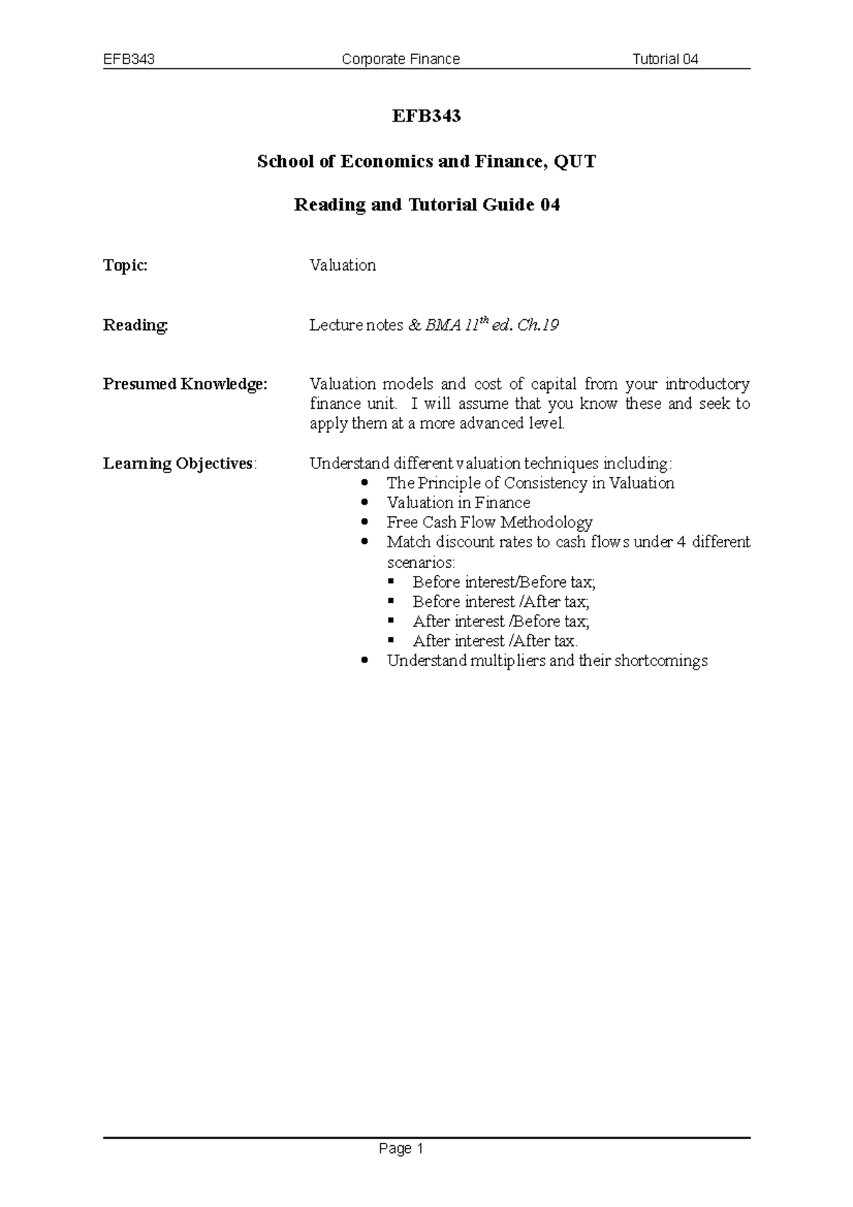 EFB343 Topic 04 Tutorial Q and A - EFB School of Economics and Finance ...