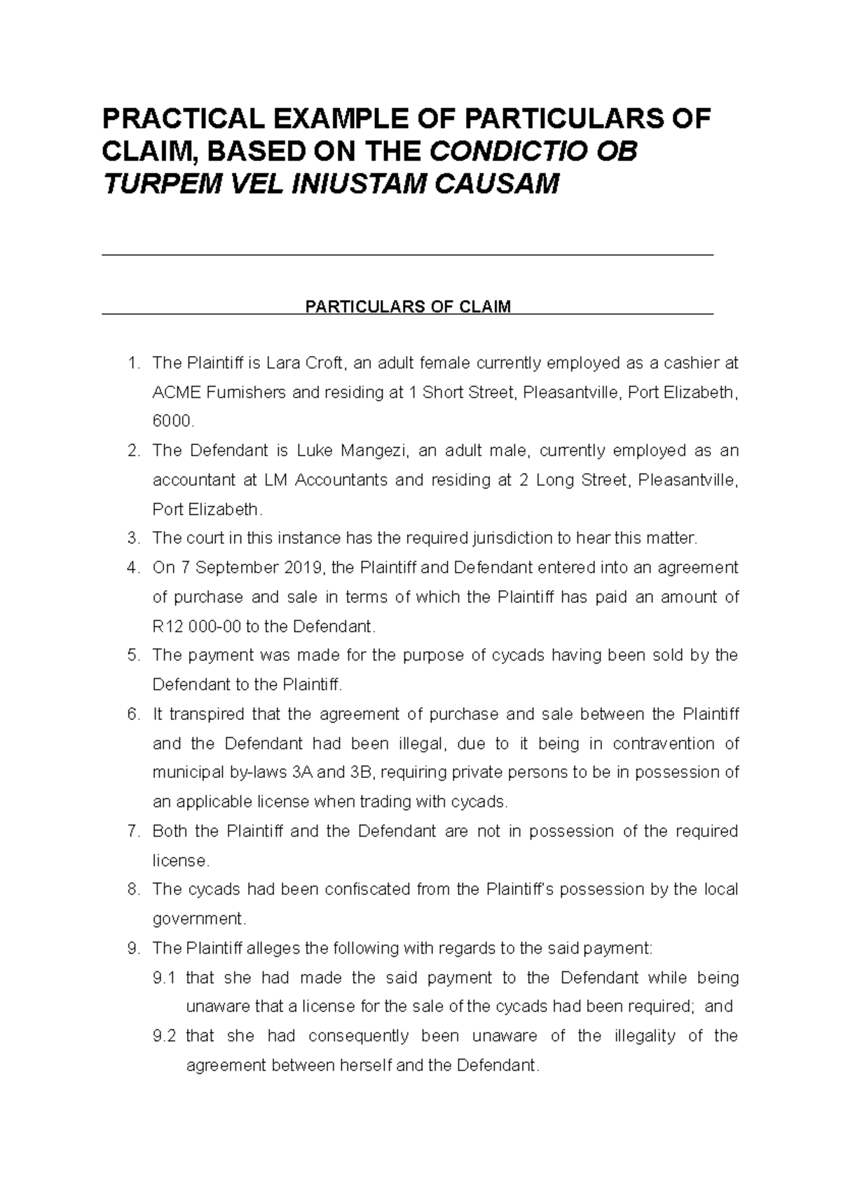 POC - condictio ob turpem - PRACTICAL EXAMPLE OF PARTICULARS OF CLAIM ...