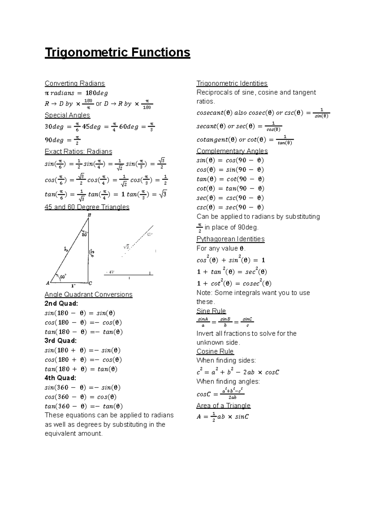 Trigonometric Functions - Trigonometric Functions Converting Radians π 𝑟𝑎𝑑𝑖𝑎𝑛𝑠 = 180𝑑𝑒𝑔 𝑅 → 𝐷 𝑏𝑦 ...