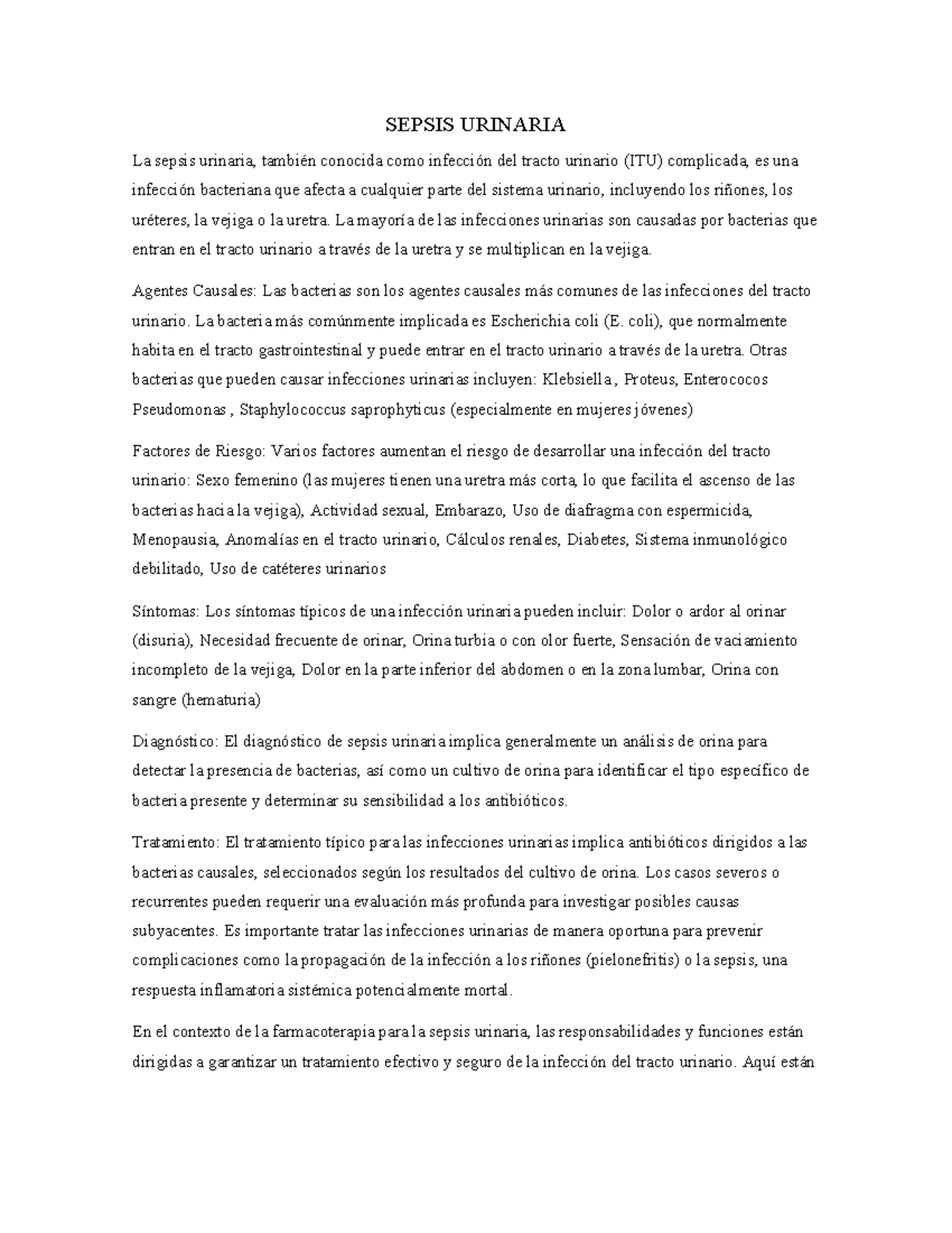 Sepsis Urinaria - Informe sobre tema de exposicion - SEPSIS URINARIA La ...