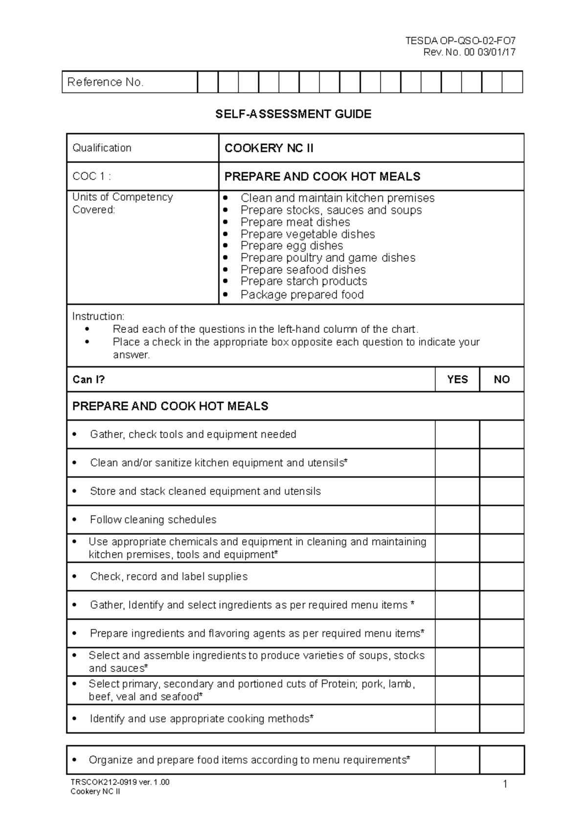 SAG - Cookery NC II - TESDA OP-QSO-02-FO Rev. No. 00 03/01/ TRSCOK212 ...